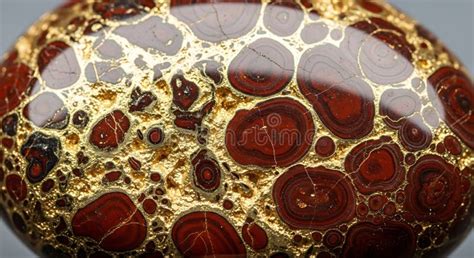 Close Up Of A Polished Mineral Specimen Featuring Dark Red Spherulitic