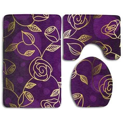 PUDMAD Gold and Purple Leaves 3 Piece Bathroom Rugs Set Bath Rug ...