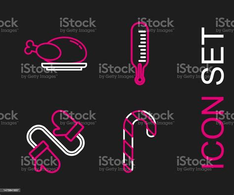 줄무늬가 있는 라인 크리스마스 사탕 지팡이 니트 크리스마스 장갑 한 쌍 기상 온도계 측정 및 구운 칠면조 치킨 아이콘을 설정합니다 벡터 공휴일에 대한 스톡 벡터 아트 및