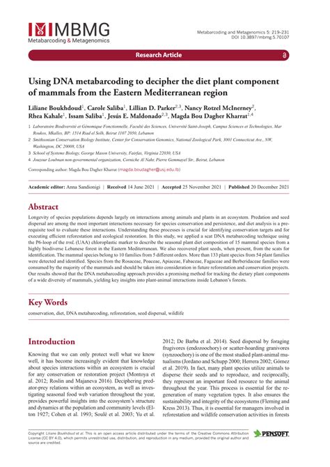 Pdf Using Dna Metabarcoding To Decipher The Diet Plant Component Of Mammals From The Eastern