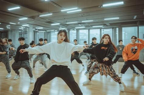 Group Of Kpop Idols Practicing Their Dance Routine In A Mirrored Practice Room Premium Ai