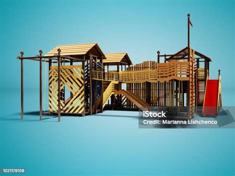 그림자와 파란색 배경에 어린이 3d 렌더링에 대 한 로프와 함께 어린이 나무에서 청소년을 위한 현대 놀이터 0명에 대한 스톡