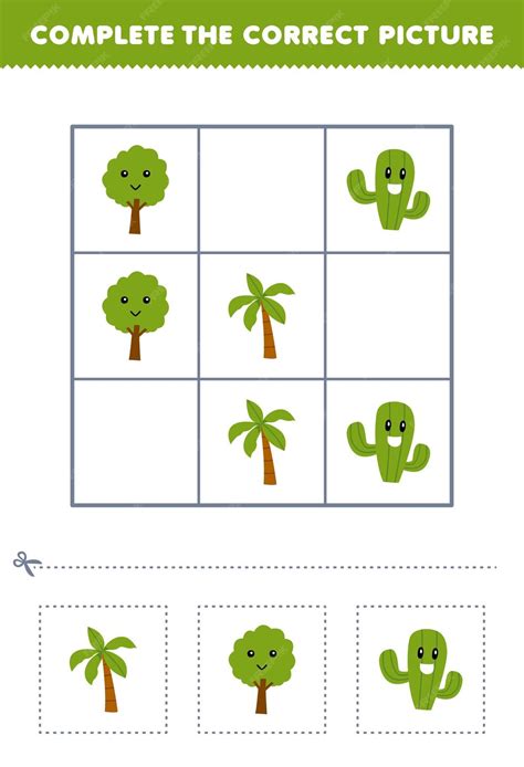 어린이를 위한 교육 게임은 귀여운 만화 야자수와 선인장 인쇄 가능한 자연 워크시트의 올바른 그림을 완성합니다 프리미엄 벡터