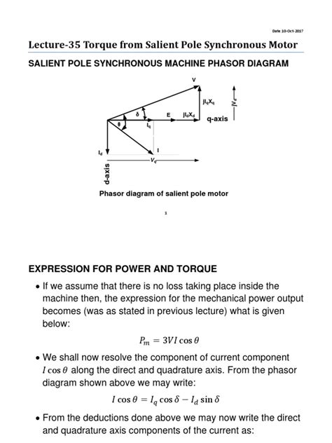 Lecture 35 Torque From Salient Pole Synchronous Motor 10oct17 Pdf Pdf Electric Motor
