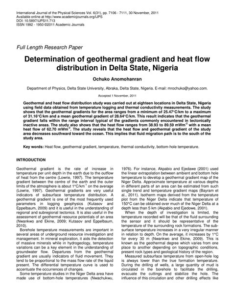 Pdf Determination Of Geothermal Gradient And Heat Flow Distribution In Delta State Nigeria