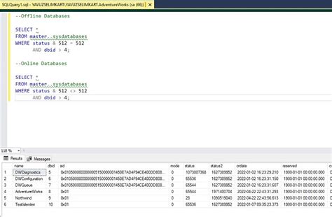 listing online and offline databases in sql server mssql query