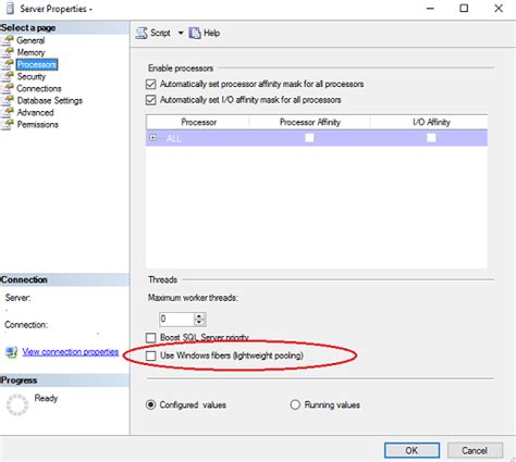 what does use windows fibers lightweight pooling setting do in sql