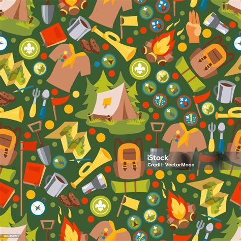 원활한 패턴 벡터 그림에서 스카우트 캠프 아이콘 고립 된 엠블럼 래핑 페이퍼 또는 패브릭 인쇄 디자인 세트 여름 캠핑 모험