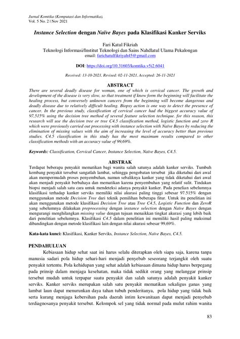 Pdf Instance Selection Dengan Naïve Bayes Pada Klasifikasi Kanker Serviks