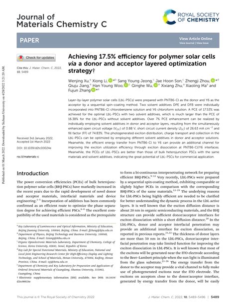 Pdf Achieving 175 Efficiency Of Polymer Solar Cells Via Donor And