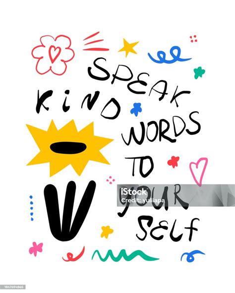 자신에게 친절한 말을 전하십시오 동기 부여 포스터 손으로 그린 글자 문구 인용문 벡터 일러스트 레이 션입니다 동기 부여 영감