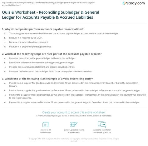 Quiz And Worksheet Reconciling Subledger And General Ledger For Accounts