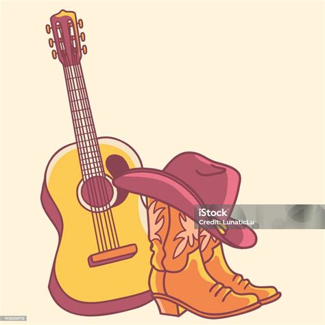 어쿠스틱 기타와 미국 카우보이 부츠와 카우보이 모자가있는 컨트리 음악 벡터 손 그리기 국가 일러스트레이션 컨트리 앤드 웨스턴 음악에 대한 스톡 벡터 아트 및 기타 이미지