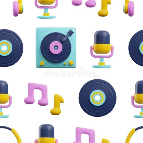Vinyl Record Player Seamless Pattern In Cute 3d Style Vector