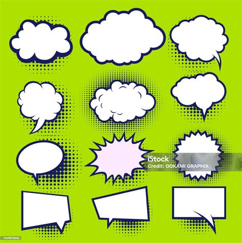 레트로 팝 아트 만화책 잡지 연설 거품 풍선 상자 메시지 슈퍼 히어로 판매 배너 빈 연설 거품 세트 벡터 일러스트 하프 톤 책