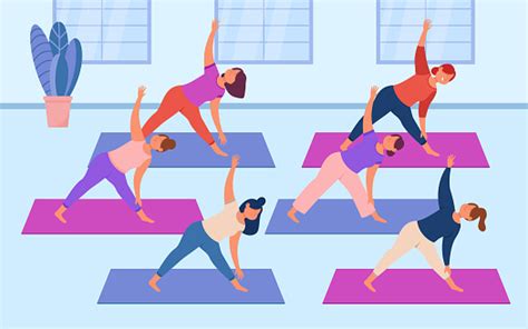 체육관 플랫 벡터 일러스트에서 교사와 요가를하는 사람들 요가 수업에 대한 스톡 벡터 아트 및 기타 이미지 요가 수업 운동 여자 Istock