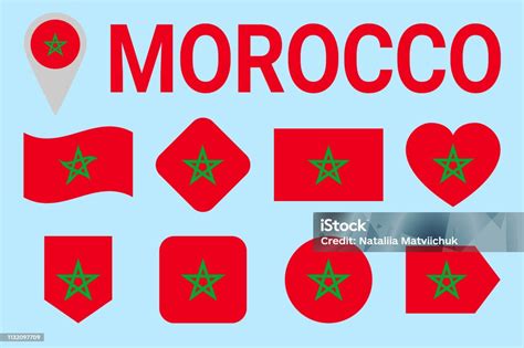 모로코 국기 벡터 세트입니다 기하학적 모양 플랫 스타일입니다 모로코의 심볼 컬렉션입니다 스포츠 국가 여행 지리적 애국 디자인