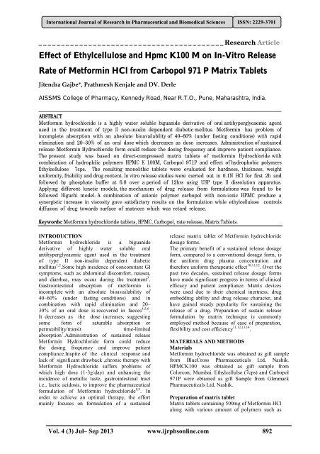 Effect Of Ethylcellulose And Hpmc K100 M On In Vitro Release Rate
