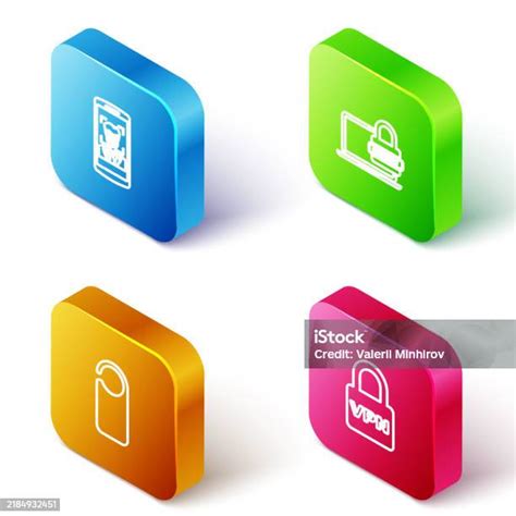 아이소메트릭 라인 모바일 및 얼굴 인식 비밀번호가 있는 노트북 방해 금지 및 Vpn 잠금 아이콘을 설정합니다 벡터 3차원 형태에 대한 스톡 벡터 아트 및 기타 이미지