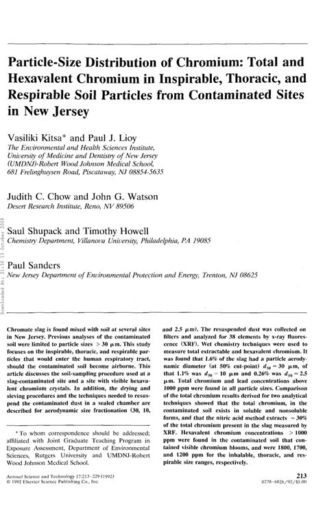 Pdf Particle Size Distribution Of Chromium Total And Hexavalent Chromium In Inspirable