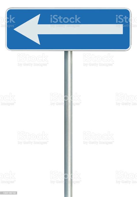 왼쪽 교통 경로 만 방향 설정 포인터 도로 표지판 파란색 고립 된 길가 간판 흰색 화살표 아이콘 프레임 회색 극 기둥 수직