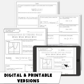 Graphs Of Quadratic Functions In Vertex Form Notes By Lauren Fulton