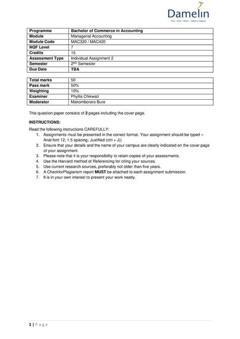 individual assignment 2 managerial accounting 1 p a g e programme