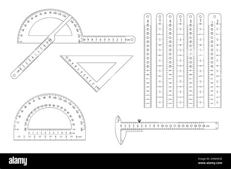 Protractor Ruler Straight And Angular Vernier Caliper Outline Set