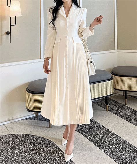 오늘출발주문폭주 카라 자켓 A라인 싱글 버튼 주름 플리츠 플레어 롱 원피스아이보리블랙 셀프웨딩 결혼식하객 브라이덜샤워