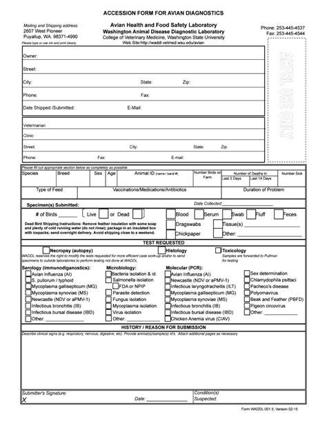 Fillable Online Accession Form For Avian Diagnostics Avian Health And Fax Email Print