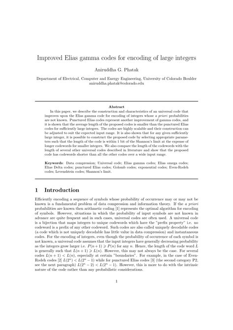 Pdf Improved Elias Gamma Codes For Encoding Of Large Integers