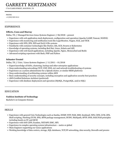Linux Systems Engineer Resume Samples Velvet Jobs