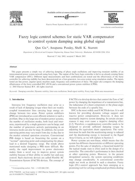 Pdf Fuzzy Logic Control Schemes For Static Var Compensator To Control