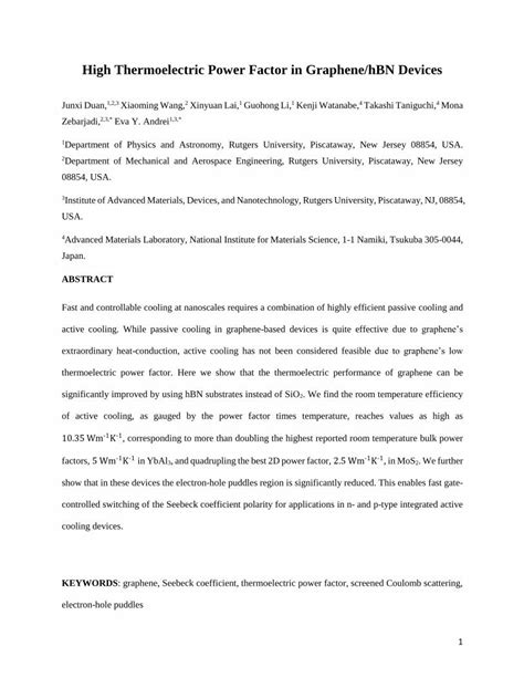 Pdf High Thermoelectric Power Factor In Graphenehbn Devices · High Thermoelectric Power