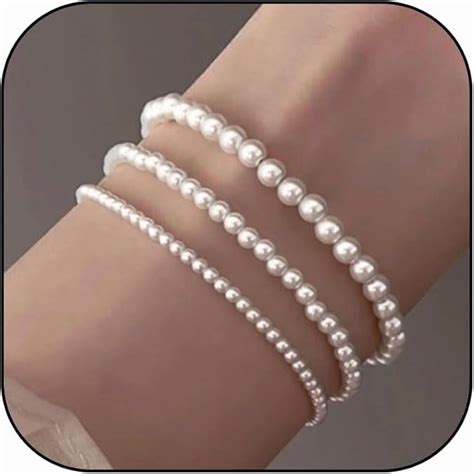 Cterwk 3 Pack Pearl Bracelets Faux White Pearl Bracelet Elastic Stretch