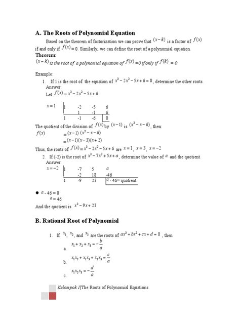 The Roots Of Polynomial Equation And Rational Root Of Polynomial Pdf Factorization Zero Of A
