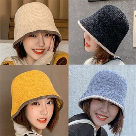 Dk42 니트 뜨개 털모자 방한 모자 빈티지 로맨틱 겨울 데일리 벙거지 간편 가벼운 버킷햇 귀여운 러블리 캐주얼 심플 숏챙 배색 챙모자
