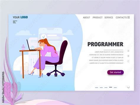 Young Girl Programmer At Work In The Office Flat Style Landing Page Template Stock Vector