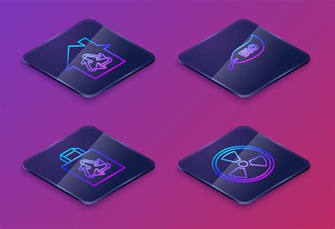 재활용 기호가 있는 아이소메트릭 라인 에코 하우스 재활용이 있는 종이 쇼핑백 리프 바이오 기호 및 방사능을 설정합니다 파란색