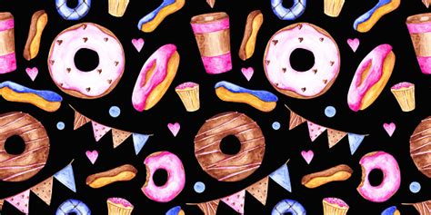 검은 색 배경에 베이커리 매끄러운 패턴 도넛 컵 케이크 커피 컵 에클레어 하트 및 화환이 끝없는 인쇄물에 담겨 있습니다 수채화 도넛 일러스트레이션 디저트 벽지 생일 배경 0