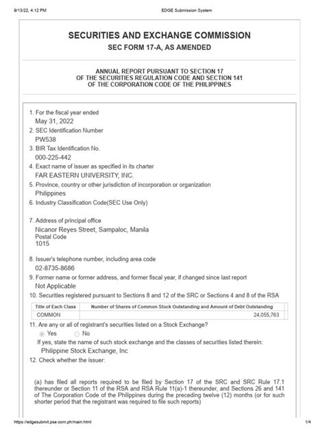 Far Eastern University Sec Form 17 A Pse Form 17 1 13september2022 Pdf Securities Finance
