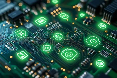 Green Circuit Board With Glowing Technology Icons Digital Innovation Concept Stock Illustration