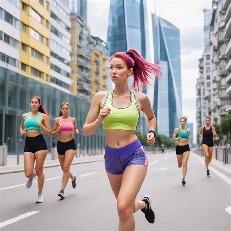 A Group Of Women Running Down A Street With A City In The Background