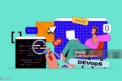 캐릭터 장면이 있는 프로그래밍 및 개발 웹 개념입니다 프로그램 언어 코딩 및 테스트 작업을 하는 개발자 플랫 디자인의 사람들