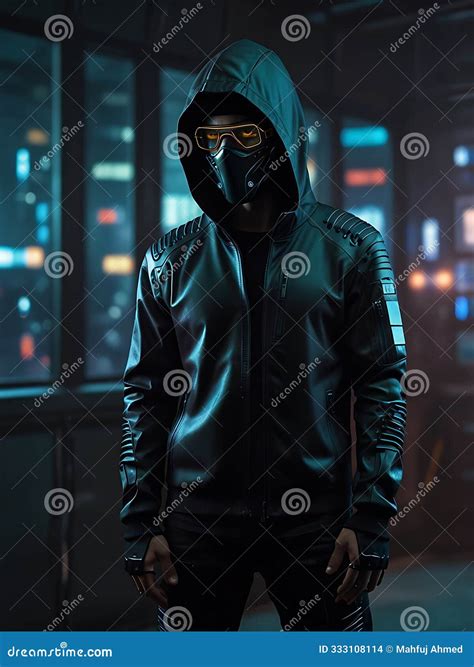 The Cyberpunk Hacker Character Concept Features A Mysterious Figure Shrouded In Shadow Stock