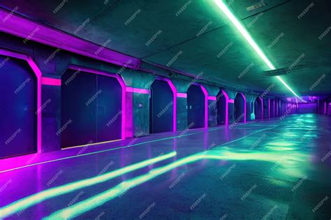 네온 사이버펑크 스타일의 현대적인 빈 미래형 방 현실적인 영화 조명 사이버 구내 방의 템플릿 레이아웃 분홍색 네온 불빛 3d 그림이 있는 어두운 문이 있는 방 프리미엄 사진