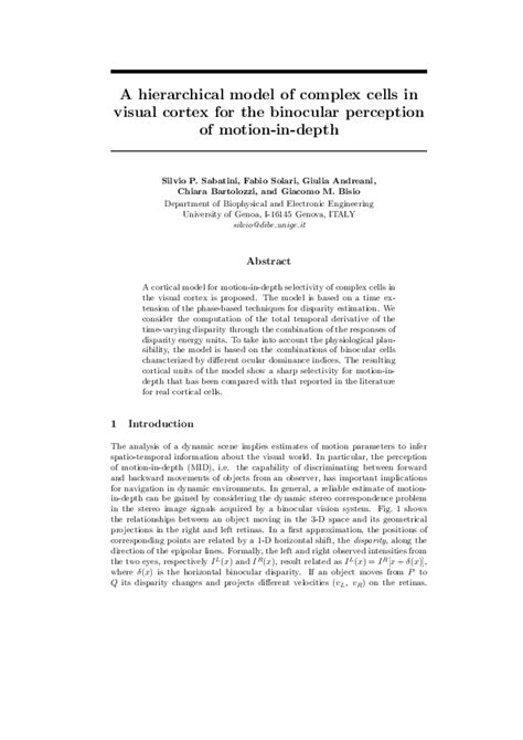 Pdf A Hierarchical Model Of Complex Cells In Visual Cortex For The Binocular Perception Of