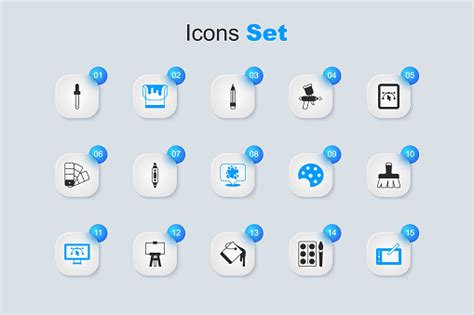 상자 마커 펜 페인트 통 디자인 프로그램이있는 컴퓨터 그래픽 태블릿 브러시 스포이드 선택기 팔레트 및 스프레이 아이콘에 수채화 물감을 설정합니다 벡터 개념에 대한 스톡 벡터