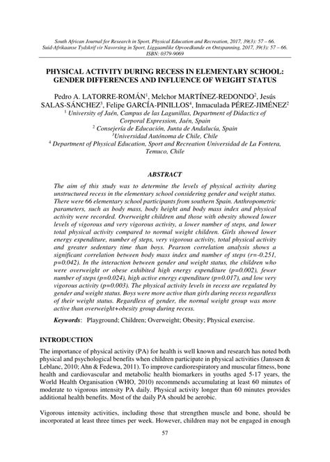 Pdf Physical Activity During Recess In Elementary School Gender Differences And Influence Of
