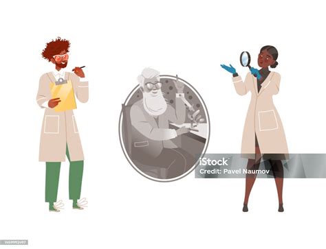 남자와 여자 과학자 캐릭터 수행 과학 연구 벡터 일러스트 레이 션 세트 개발에 대한 스톡 벡터 아트 및 기타 이미지 개발